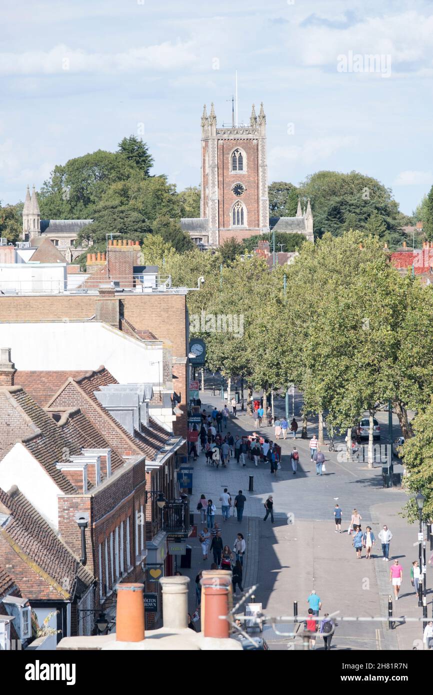 View from the top of St Albans Clock Tower, looking along the high ...