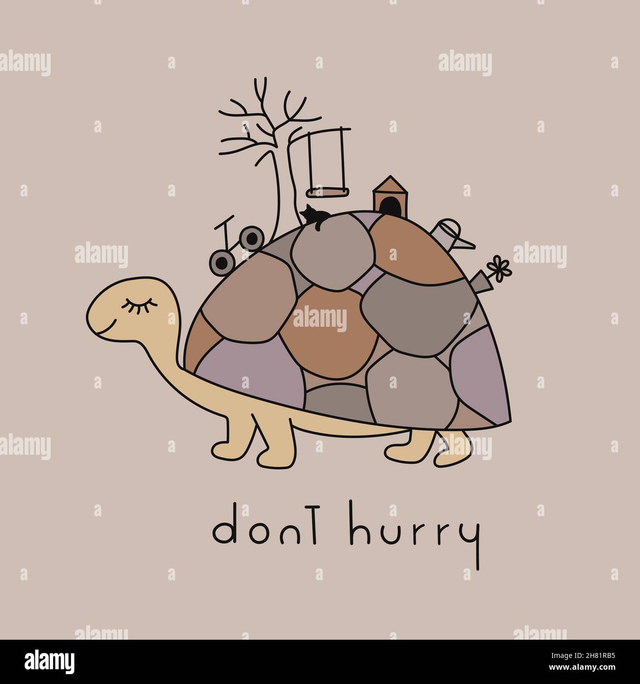 Turtle and hand drawn text Don't Hurry on beige background. Slow life ...