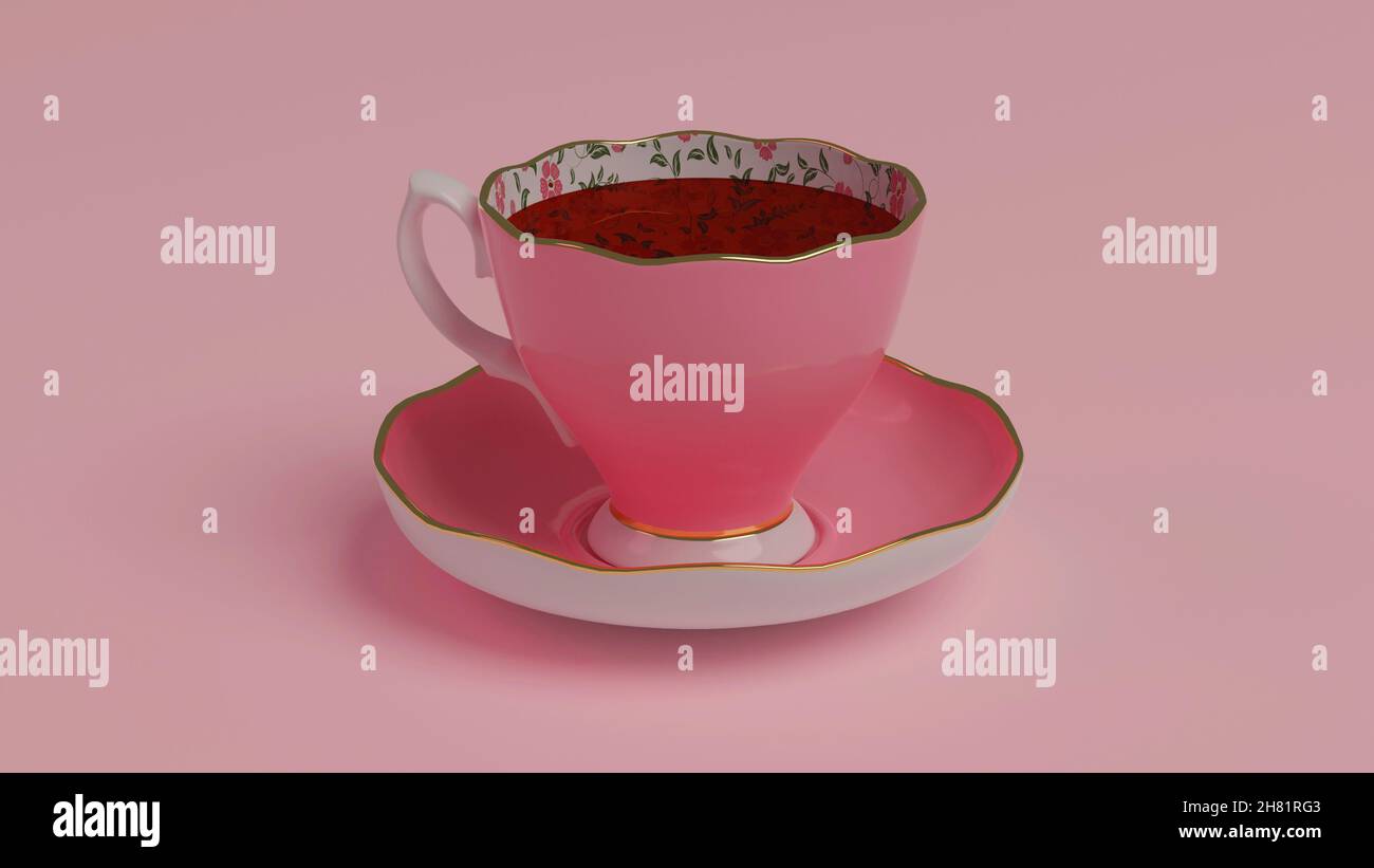 A pink teacup with tea on on a saucer. The inside of the teacup has a ...