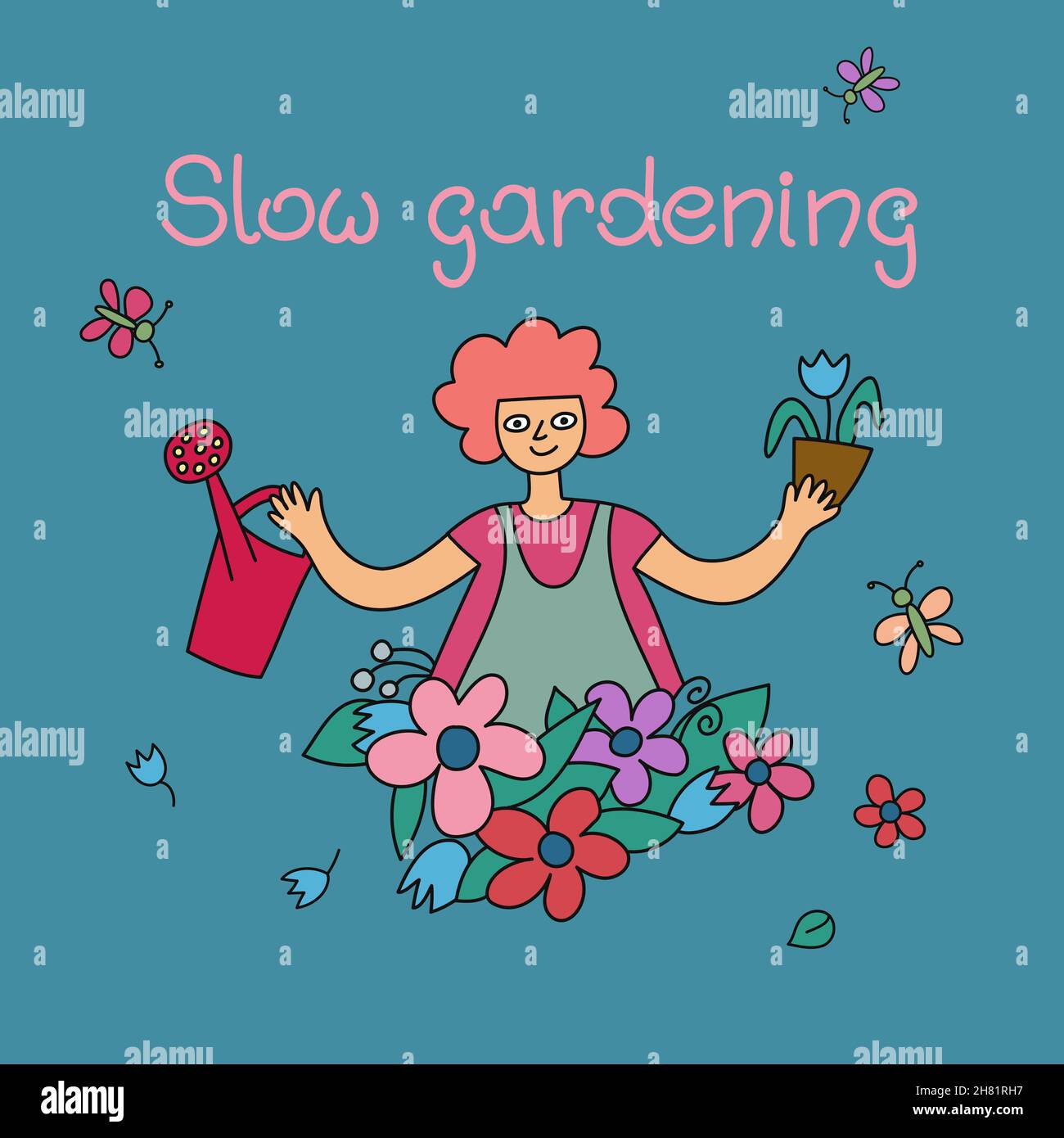 Slow gardening, slow living concept. Happy girl with flowers and ...