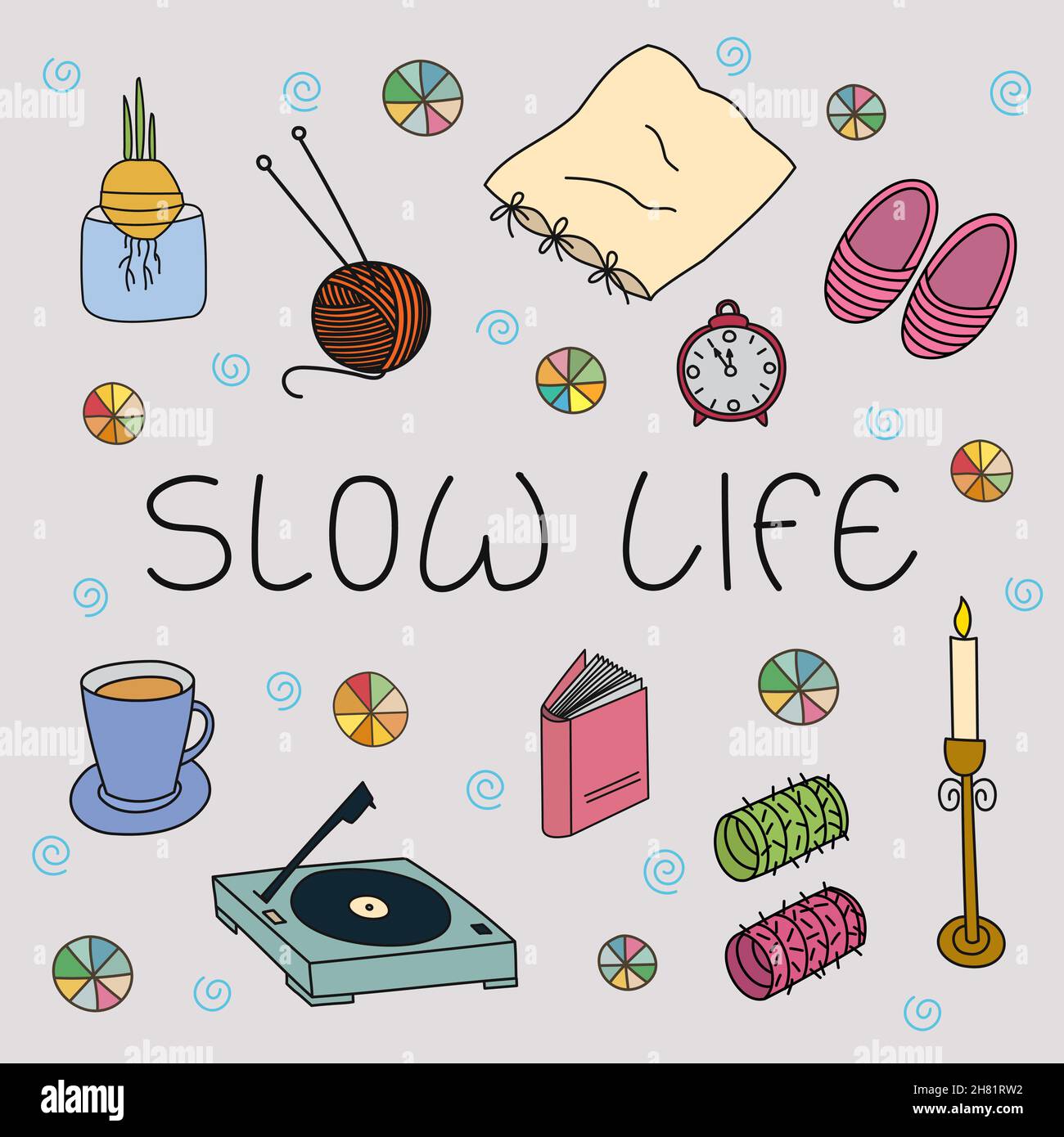 Slow life. Hand drawn illustration with text and sketch doodle elements ...