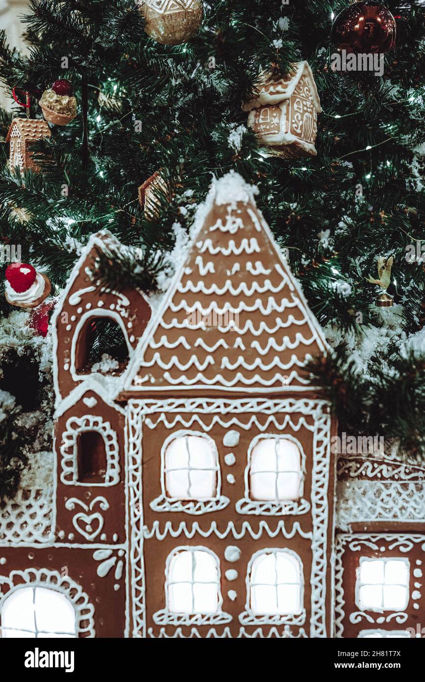 Christmas decoration Gingerbread house and the Christmas tree. New year ...