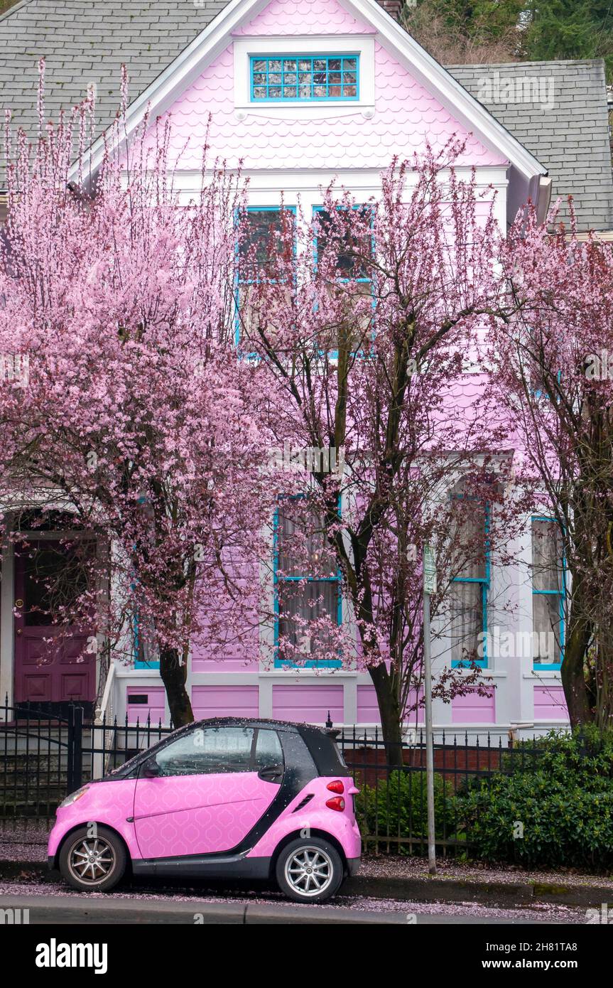 Pink smart car matches pink home Stock Photo - Alamy