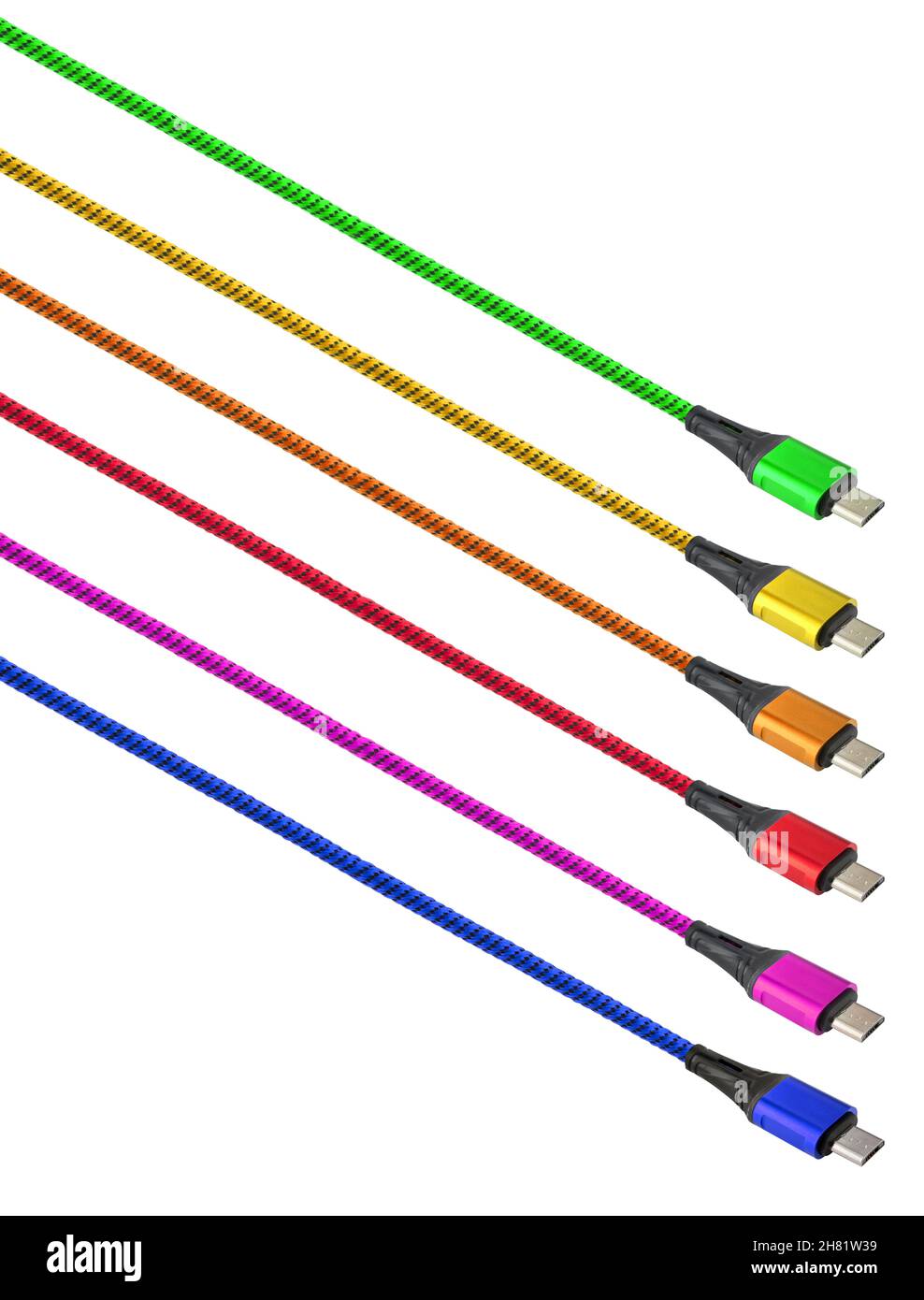 Micro USB cable, in different colors of cable and connector, on a white ...