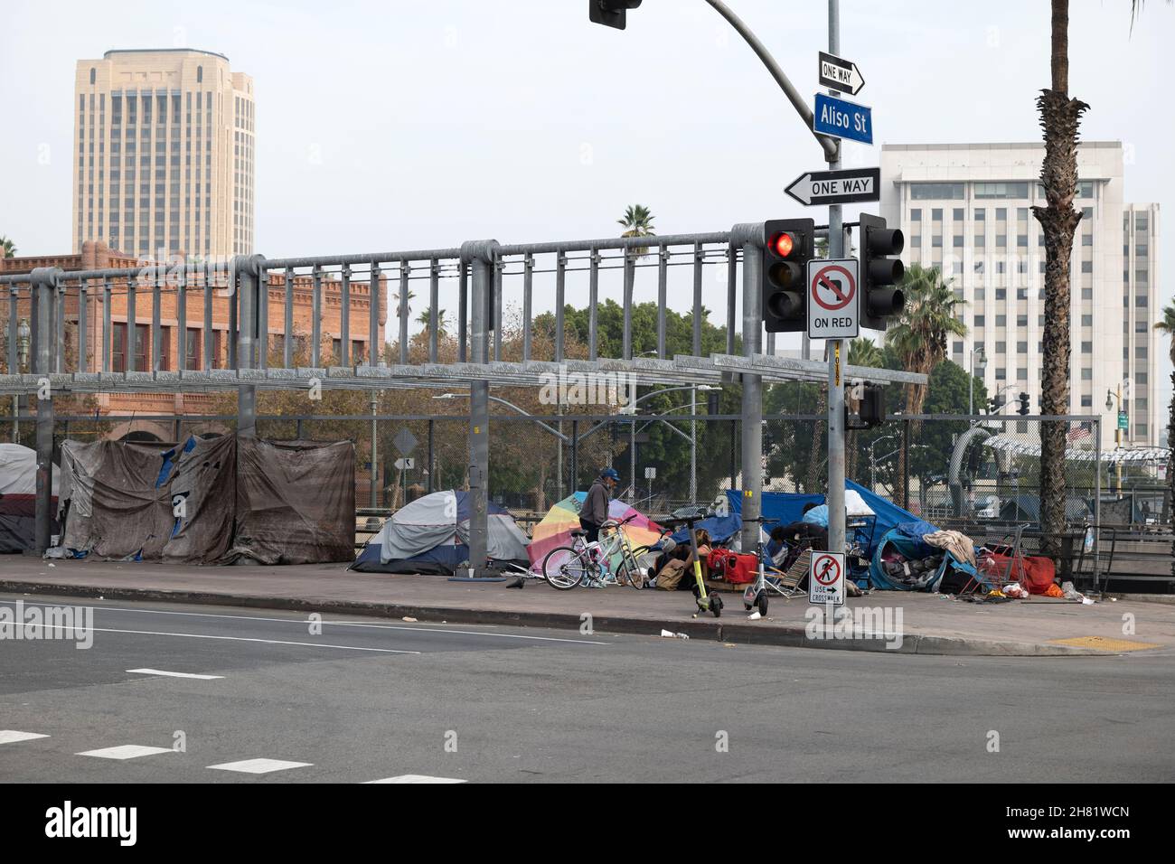 Los Angeles, CA USA - November 19, 2021: A homeless encampment on a ...