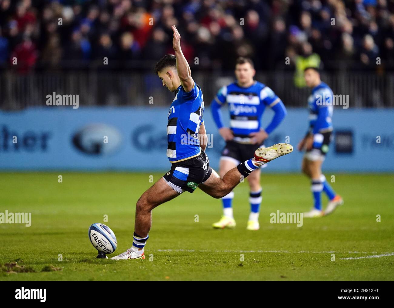 Bath Rugby's Orlando Bailey kicks a penalty during the Gallagher ...