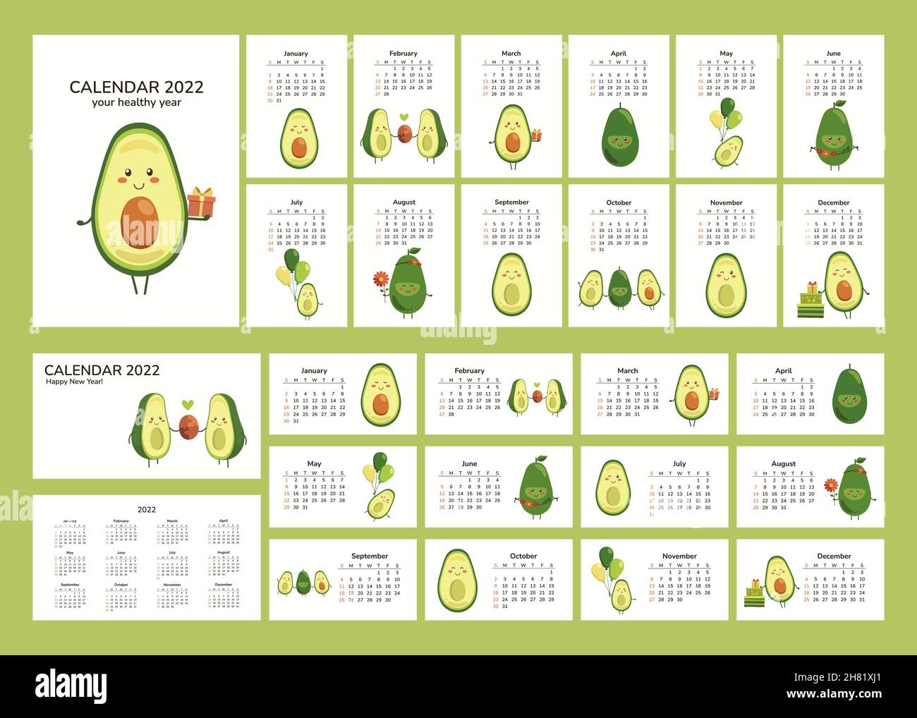 Set of calendars 2022 with cute kawaii avocado. Horizontal and vertical ...