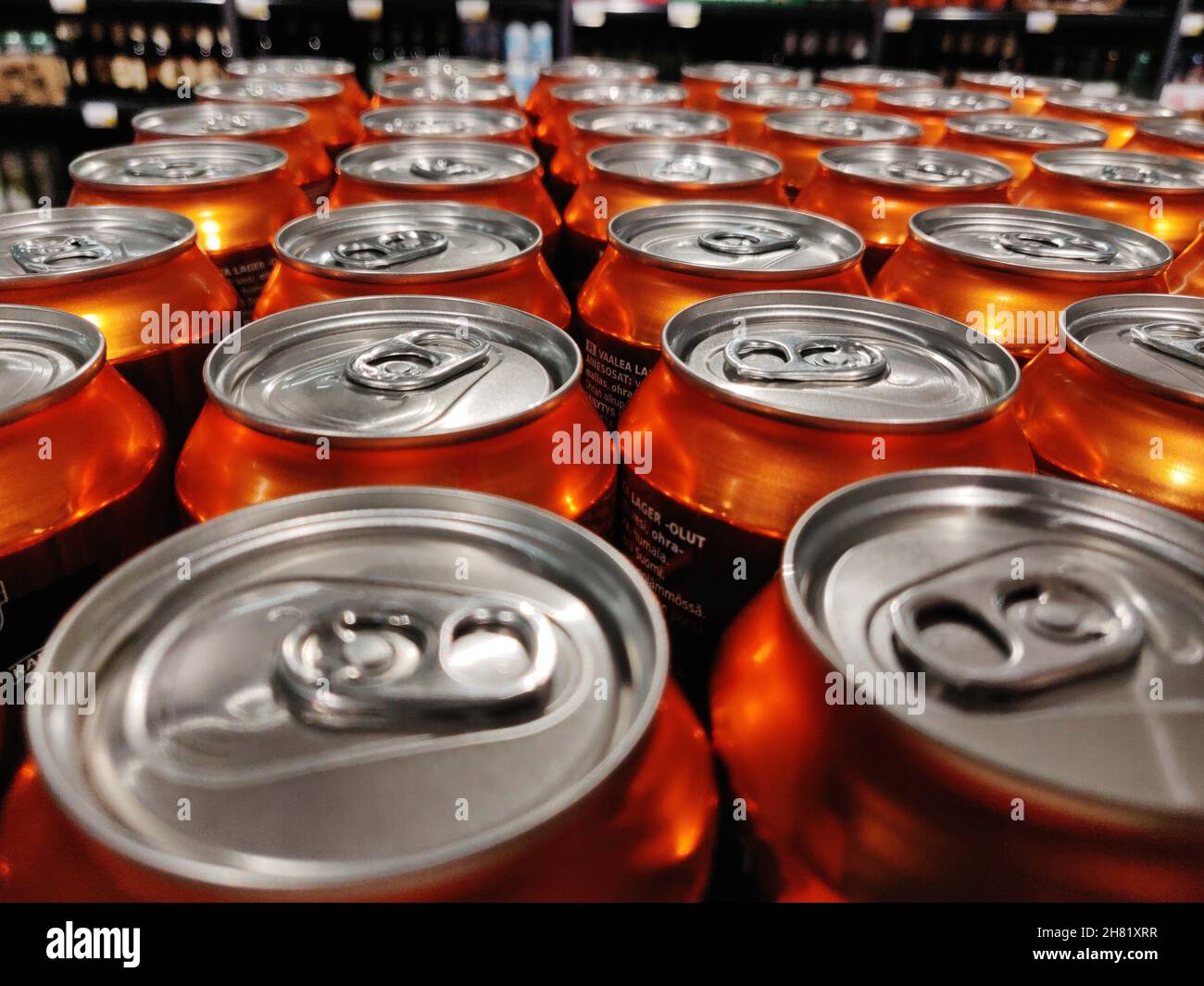 Selective focus shot of many metal soda cans managed in a lines Stock ...