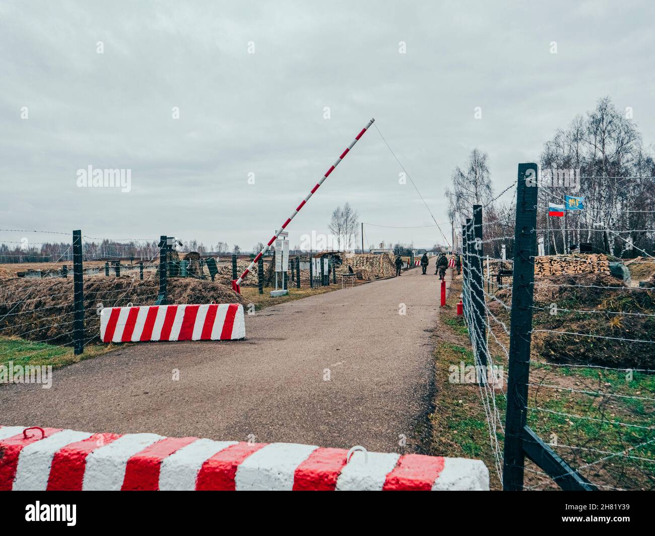 Road checkpoint. Peacekeeping Force Post. Blocking the road with ...