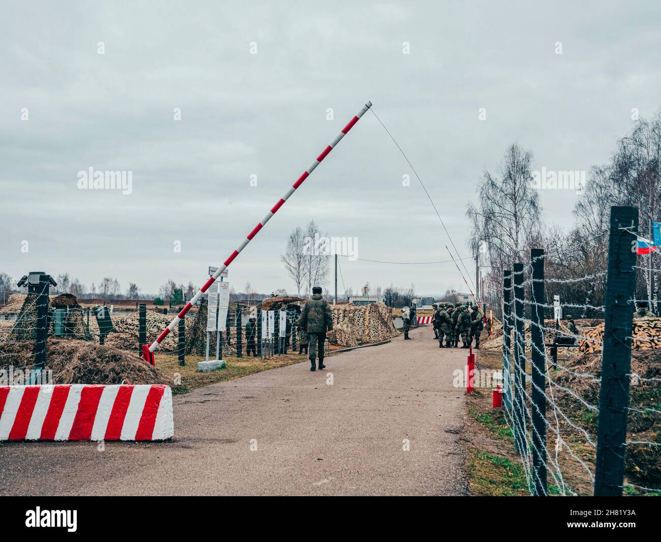 Road checkpoint. Peacekeeping Force Post. Blocking the road with ...
