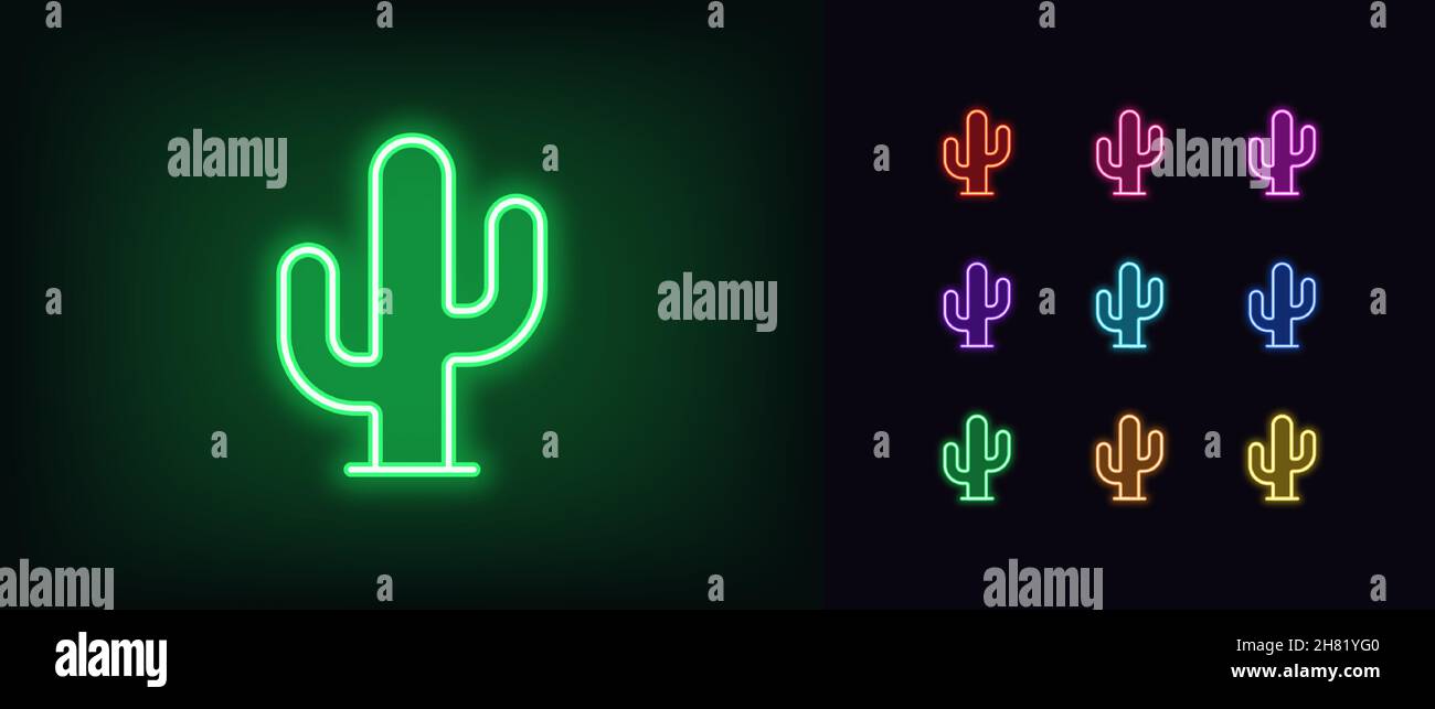 Outline neon cactus icon. Glowing neon cactus sign in vivid colors ...
