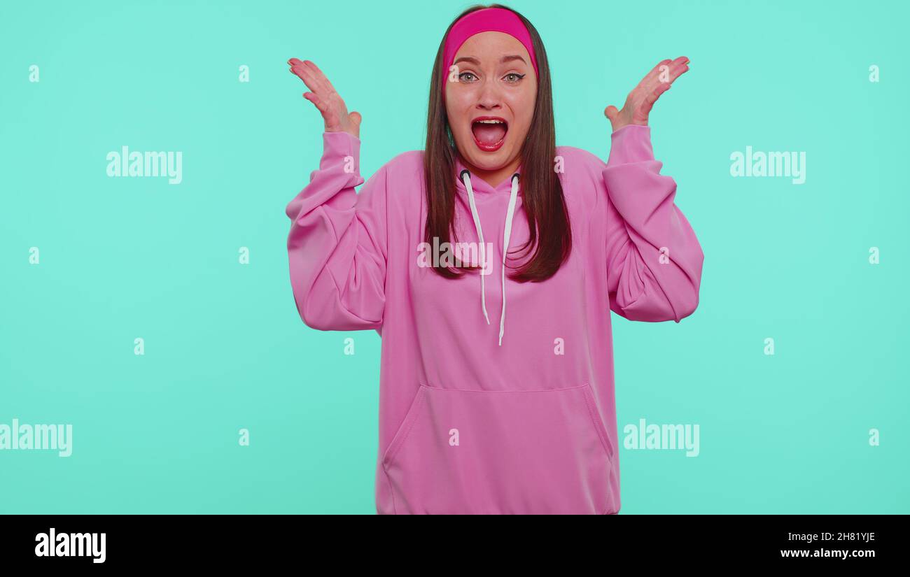 Scared girl screams from stress tension problems feels horror ...