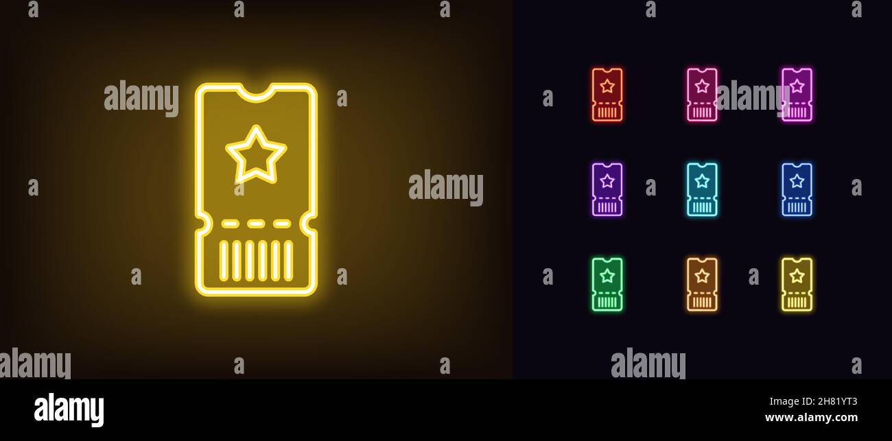 Outline neon ticket icon. Glowing neon ticket with star, pass pictogram ...
