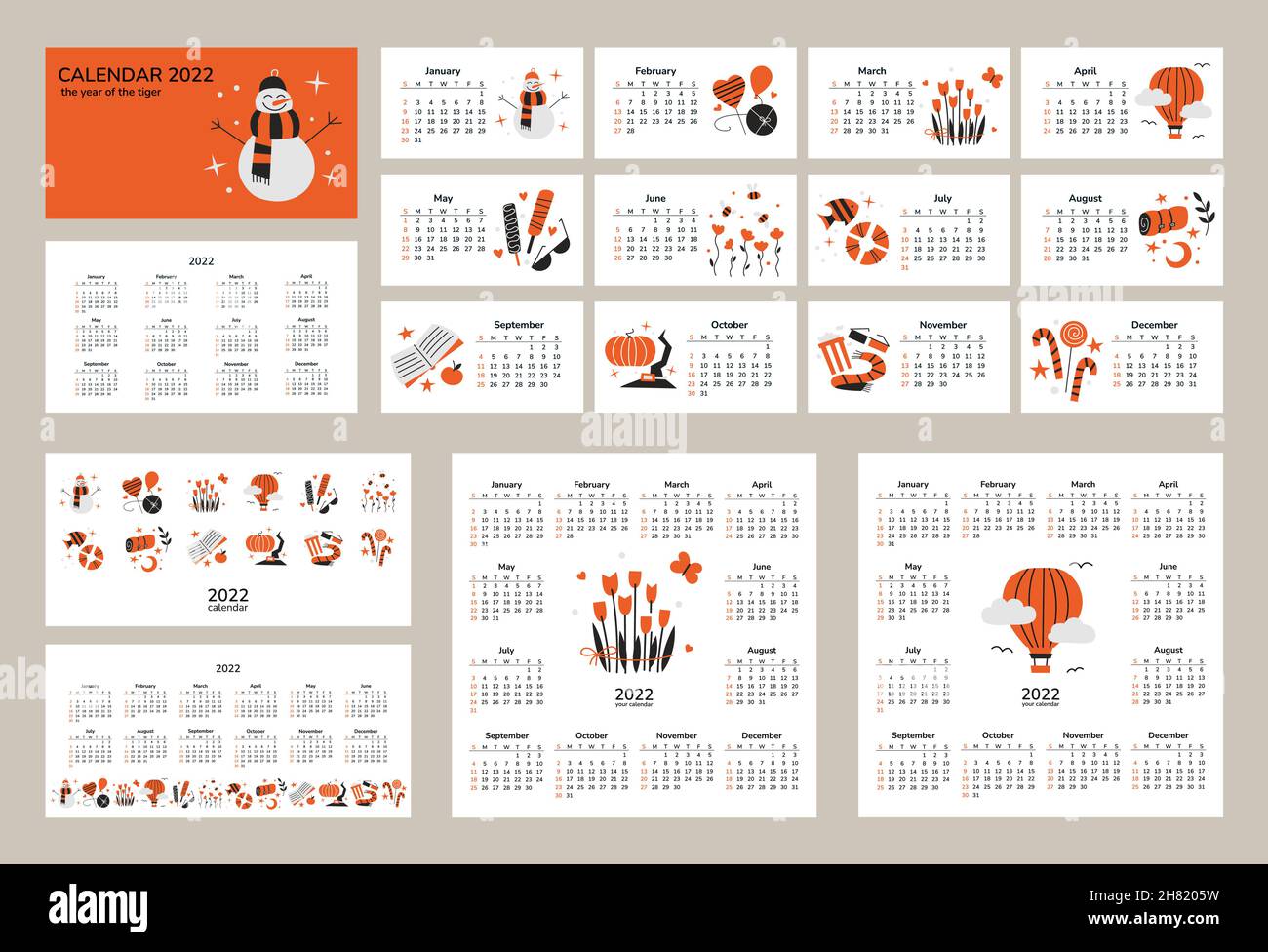 Set of calendars 2022 in tiger style. New Year of tiger. 12 monthly ...