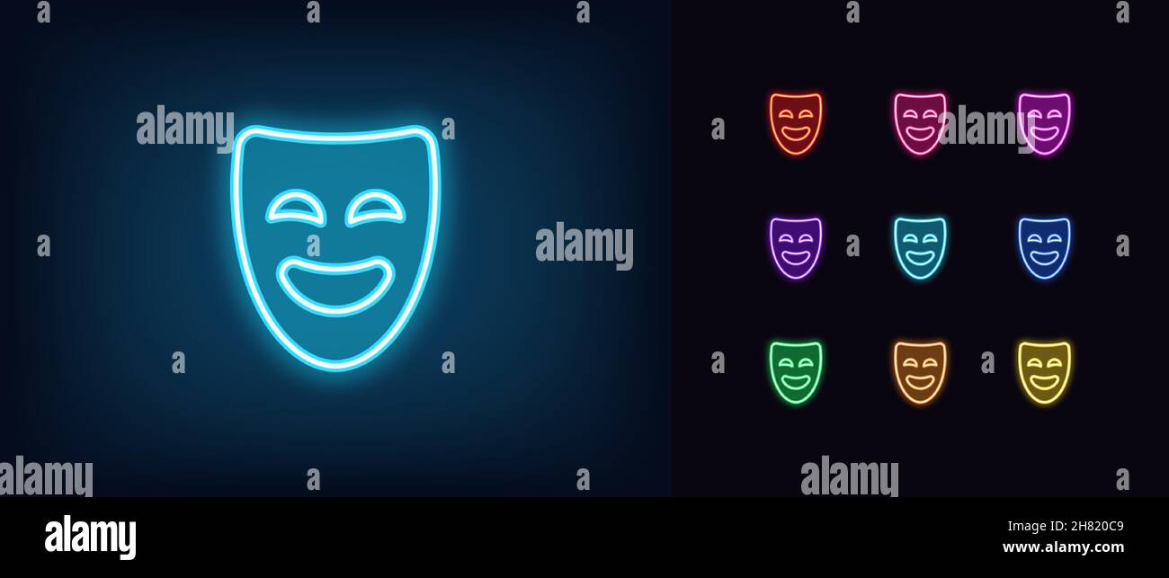 Neon comedy mask, outline icon. Glowing neon comedian mask, humor face ...
