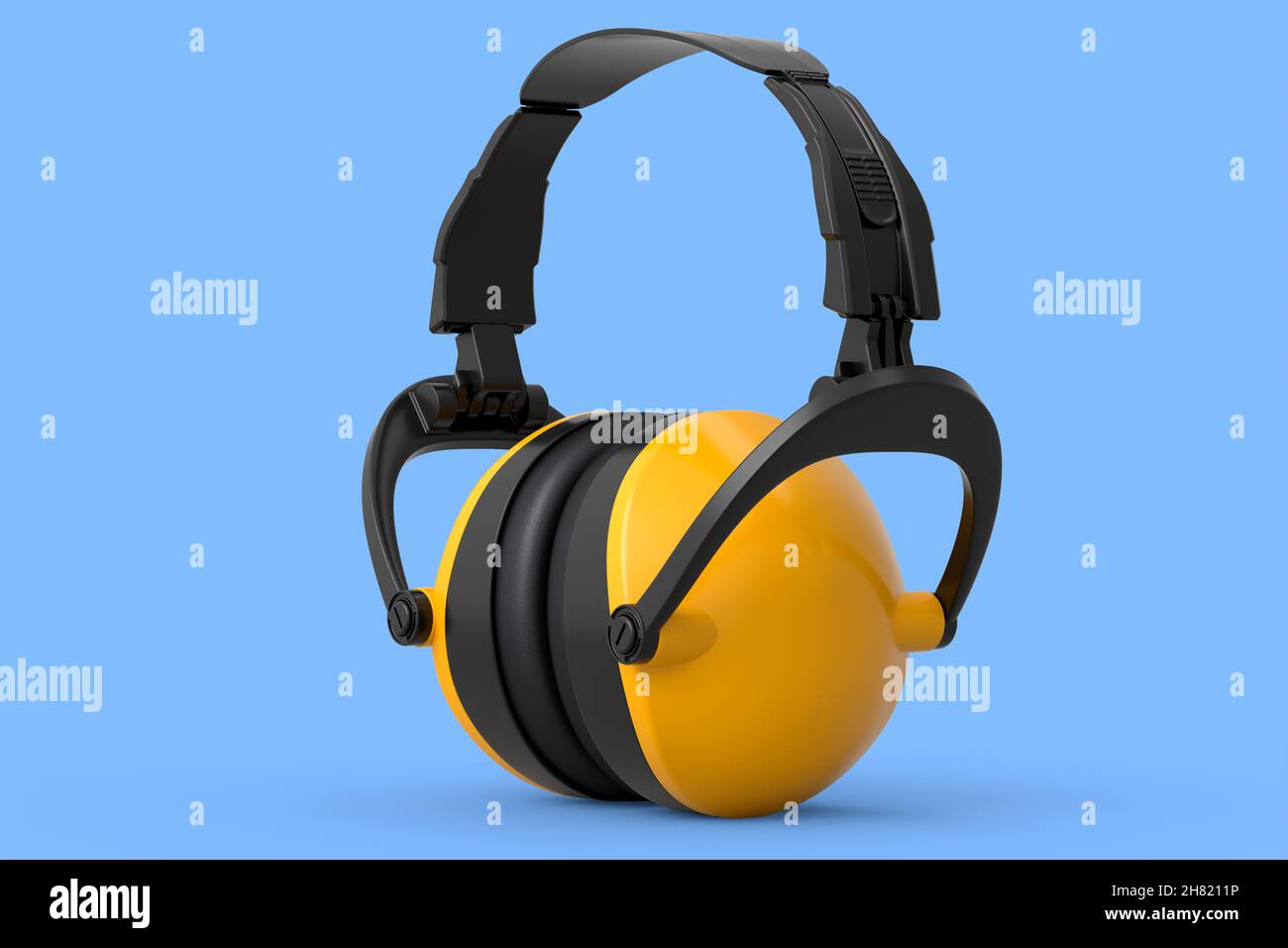 Protective yellow earphones muffs isolated on a blue background. 3d ...