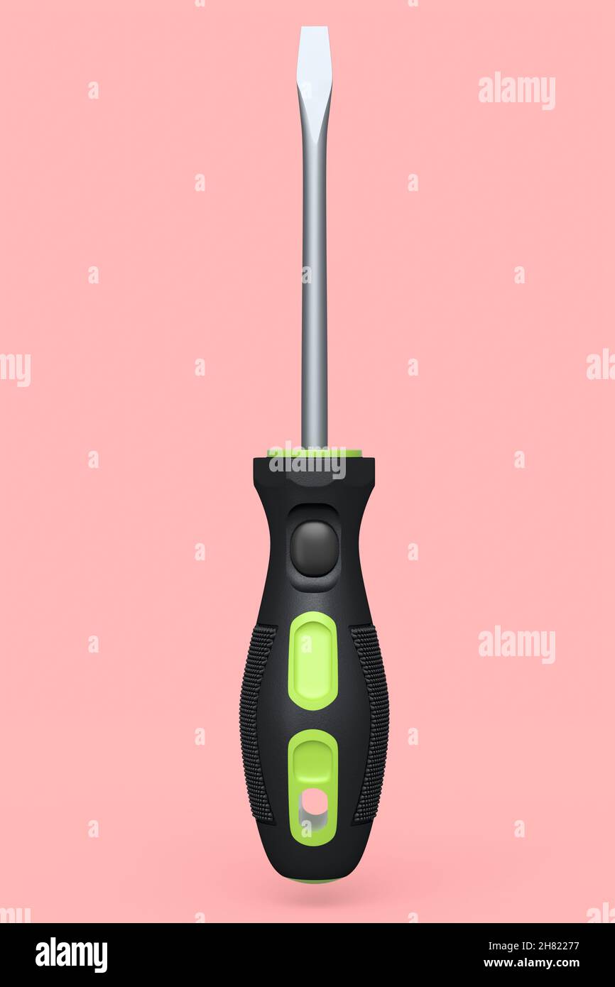 Black and green screwdriver isolated on pink background. 3d render and ...