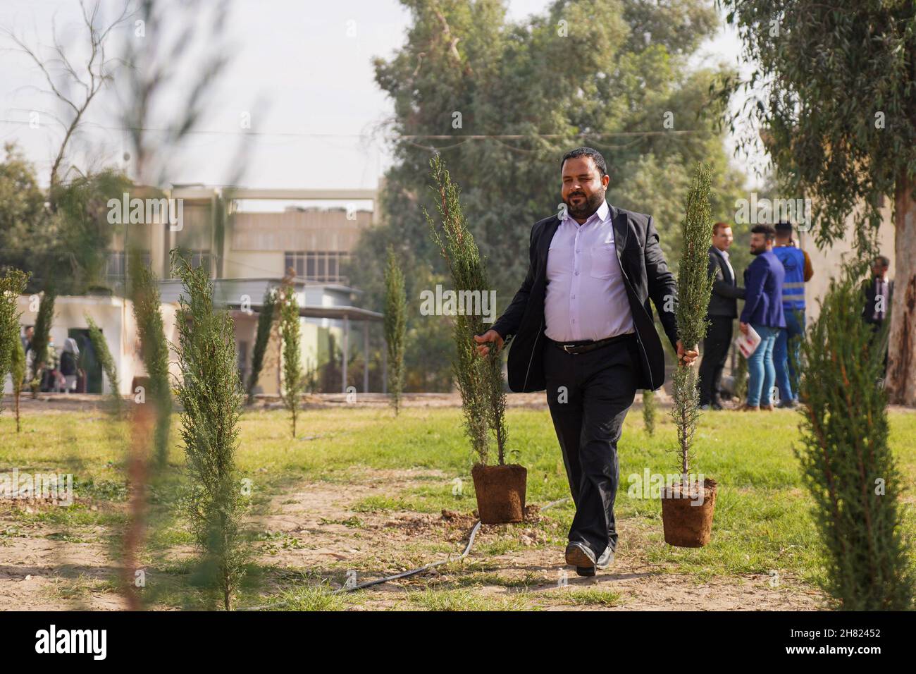 A man seen carrying two trees for planting on the Northern Technical ...