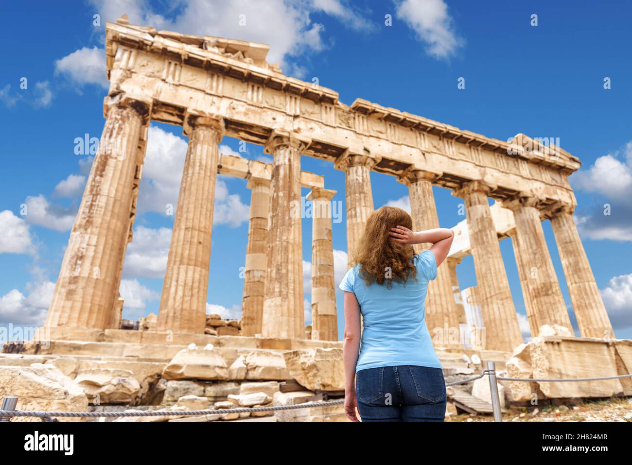 Person looks at Parthenon temple on Acropolis, Athens, Greece, Europe ...