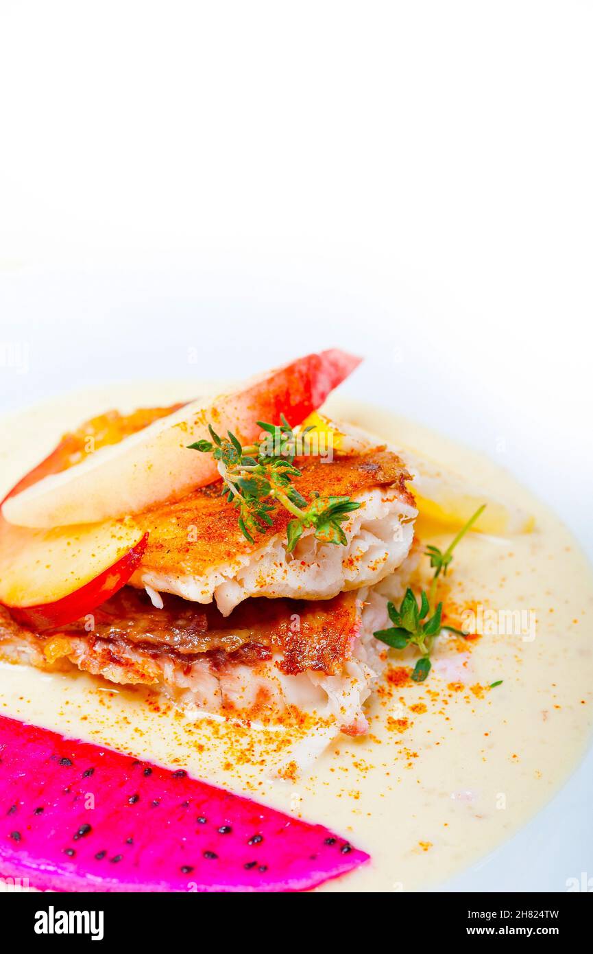 sea bream orata fillet butter pan fried with fresh peach prune and ...