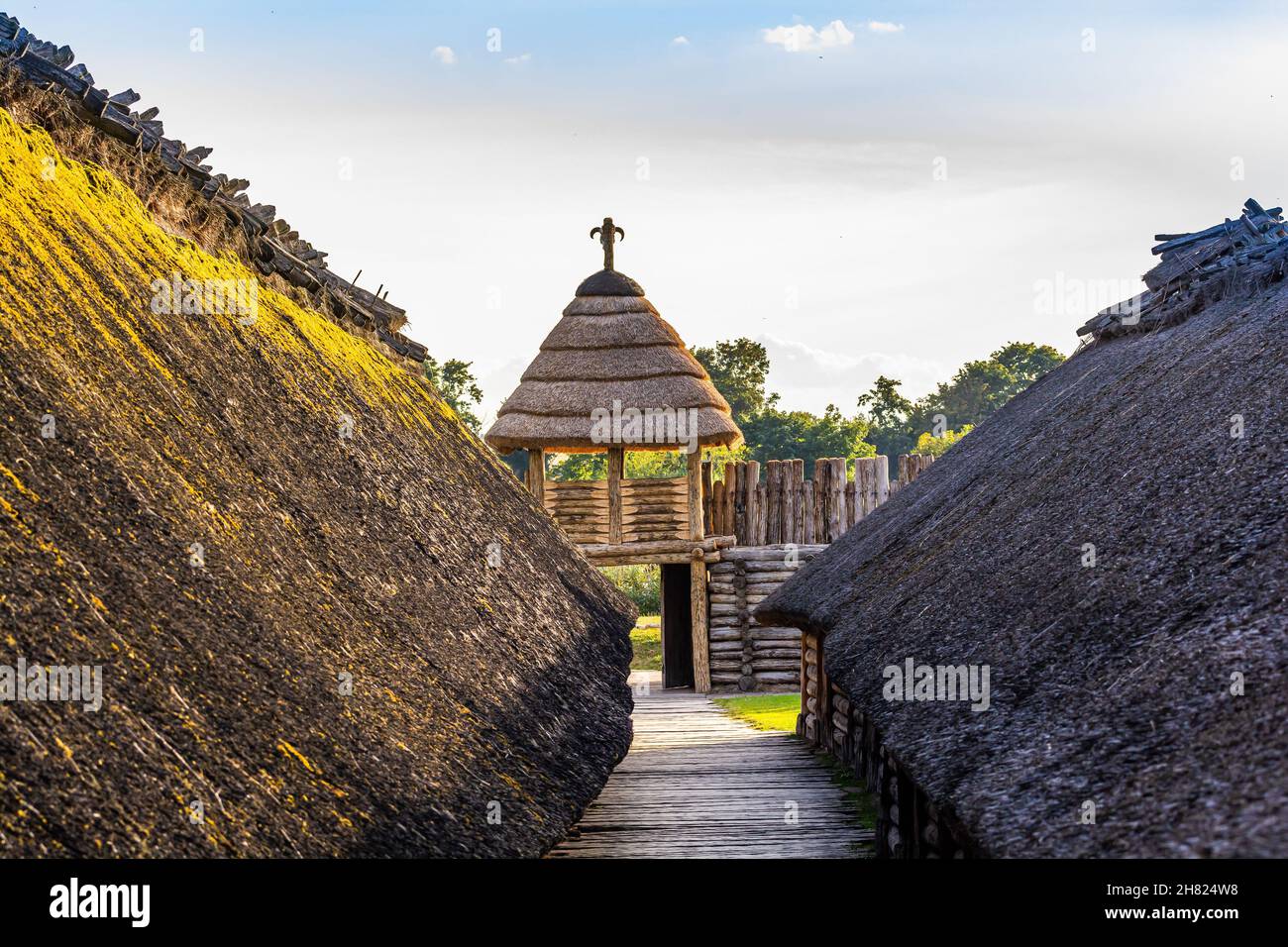Biskupin, Poland - August 09, 2021. Archaeological site and a life-size ...