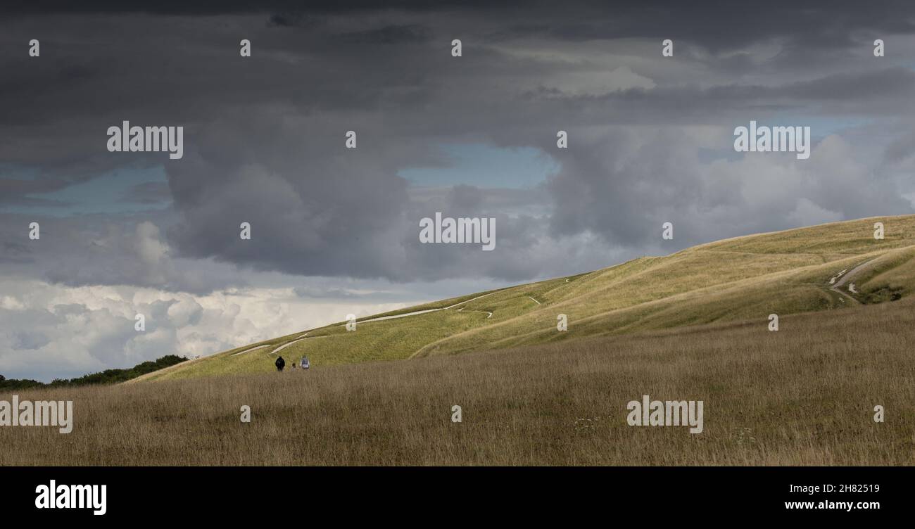 White Horse Hill or Uffington Hill. Prehistoric symbolic horse figure ...