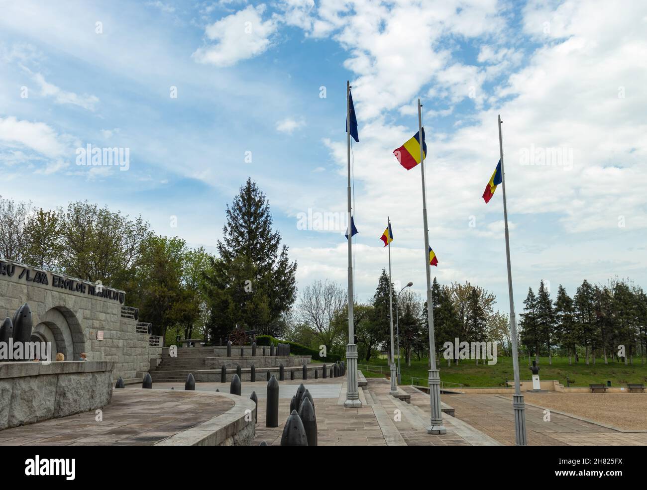 Marasesti, Romania-May 2, 2021: The three masts with the flags of ...