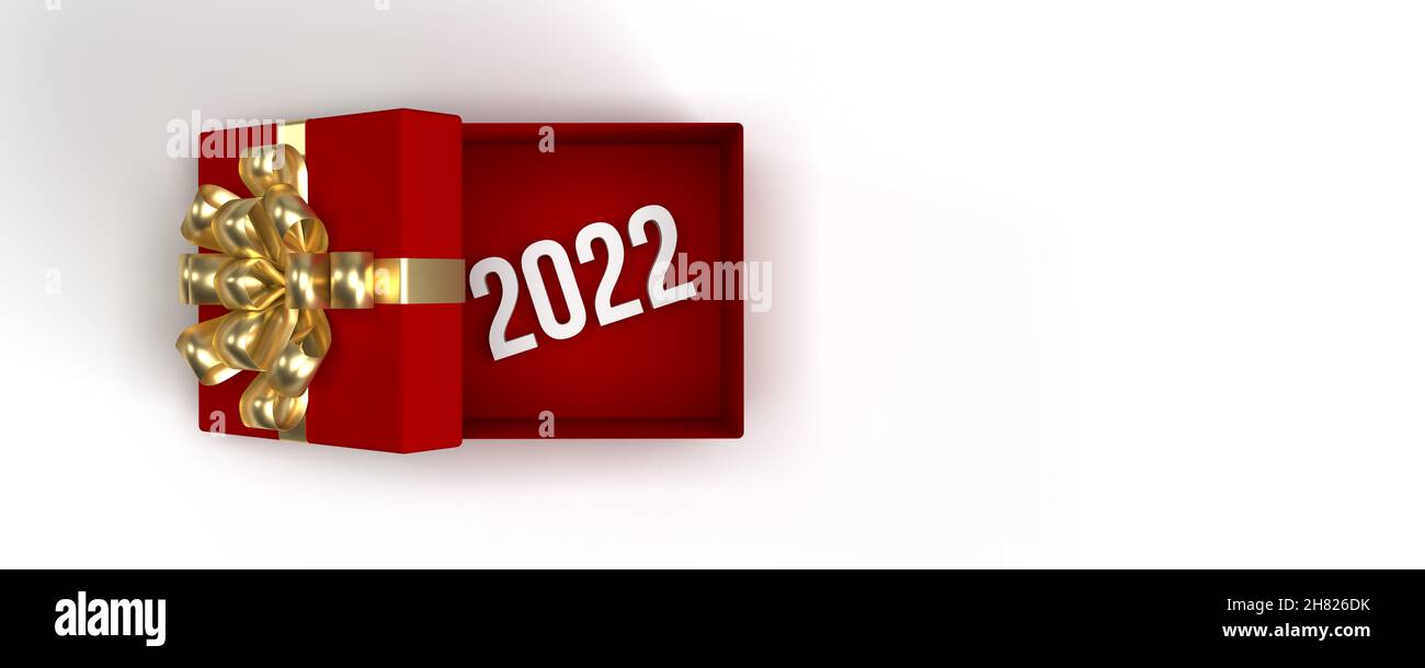 3D rendered golden ribbon wrapped red open square gift box on white ...