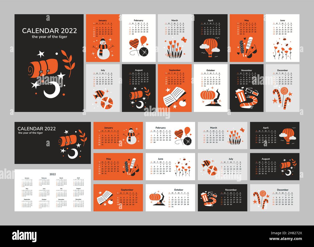 Set of corporate calendars 2022. Tiger year. 12 monthly pages and cover ...