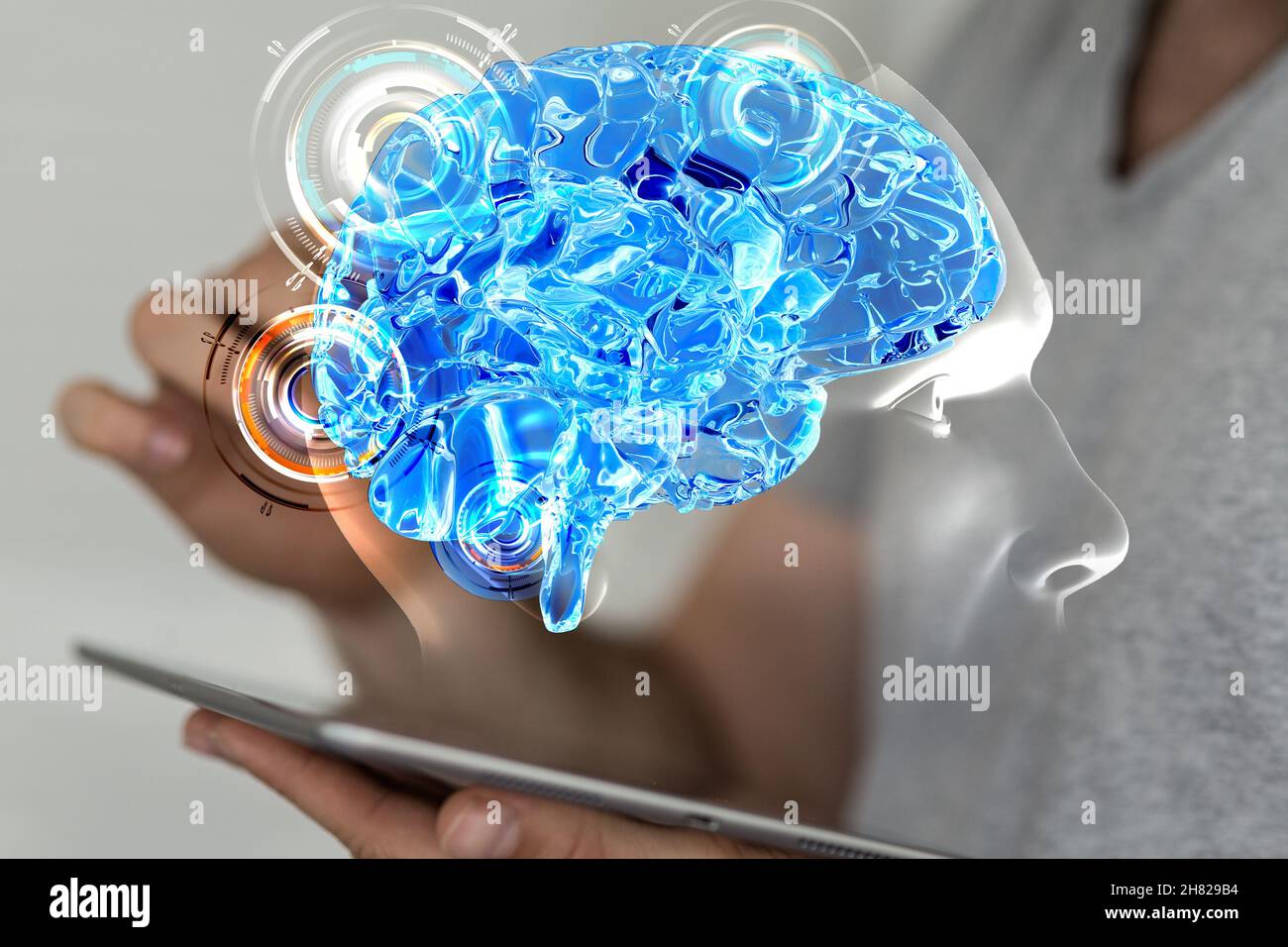 Computer scientist creating a 3D rendering of a cyborg head hologram ...