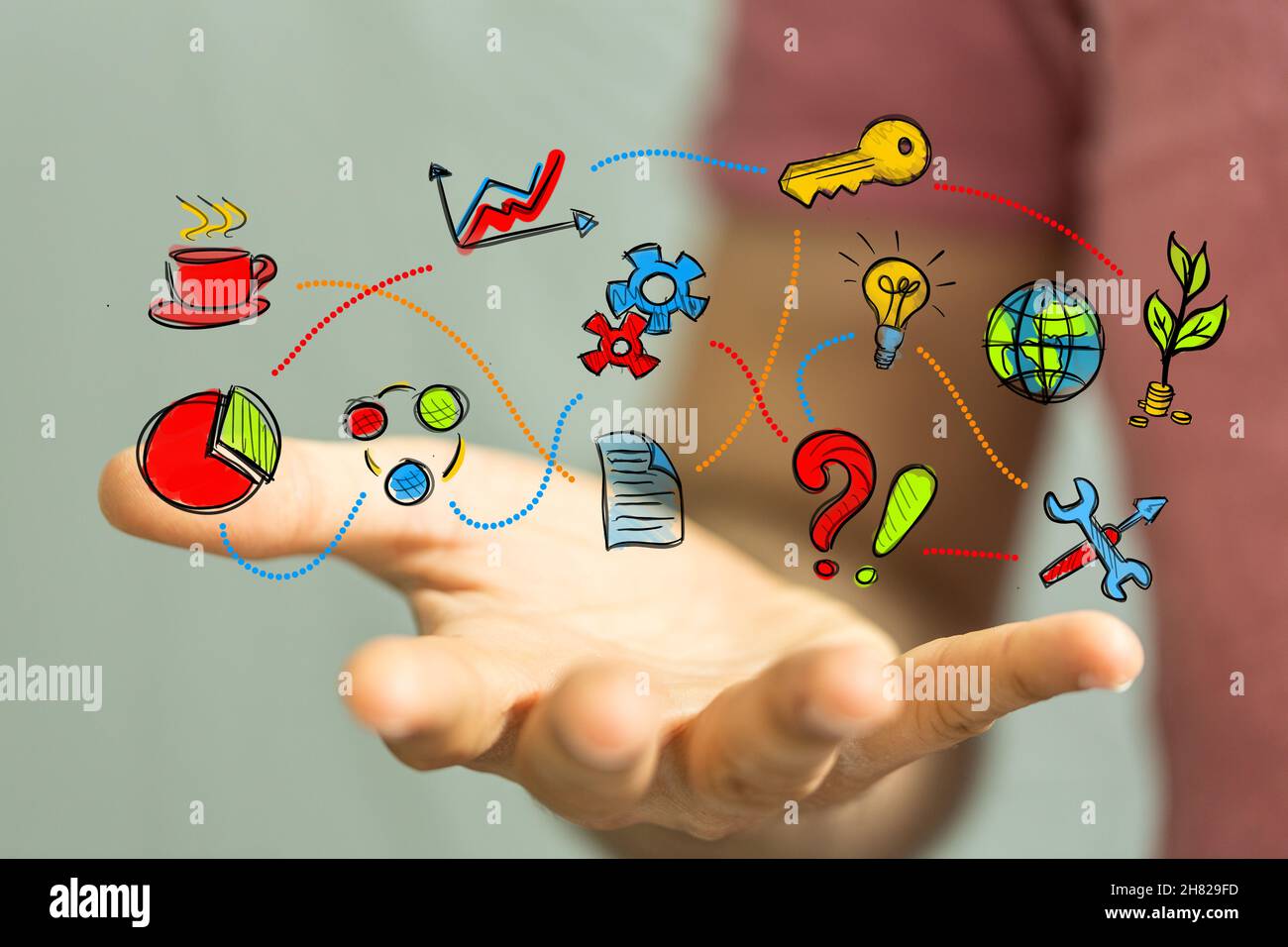 Hologram of different apps and functions on a man's palm Stock Photo ...