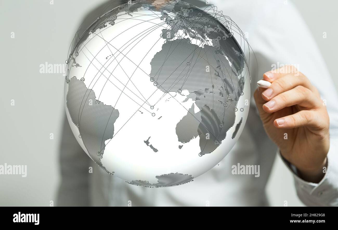 Businessman creating a 3D rendering of global connectivity and digital ...