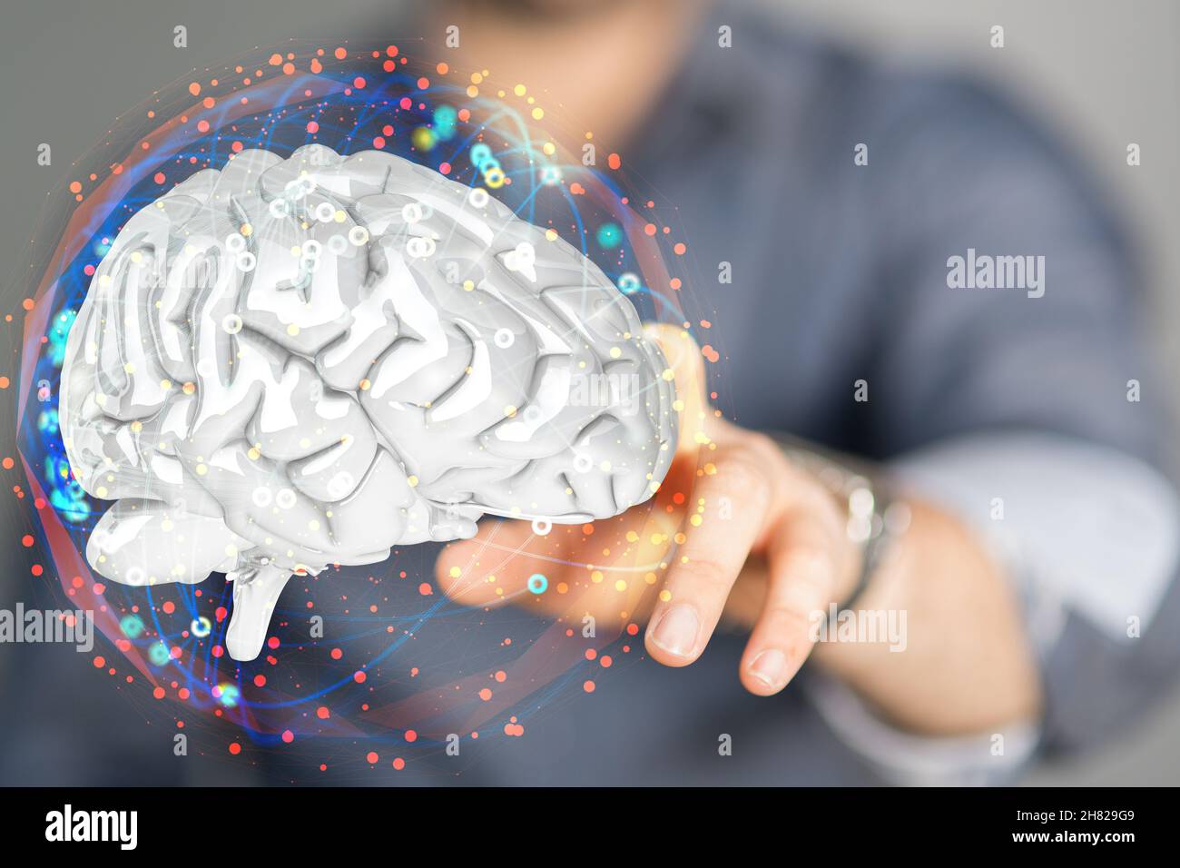Computer scientist tapping on a 3D rendering of a brain hologram ...