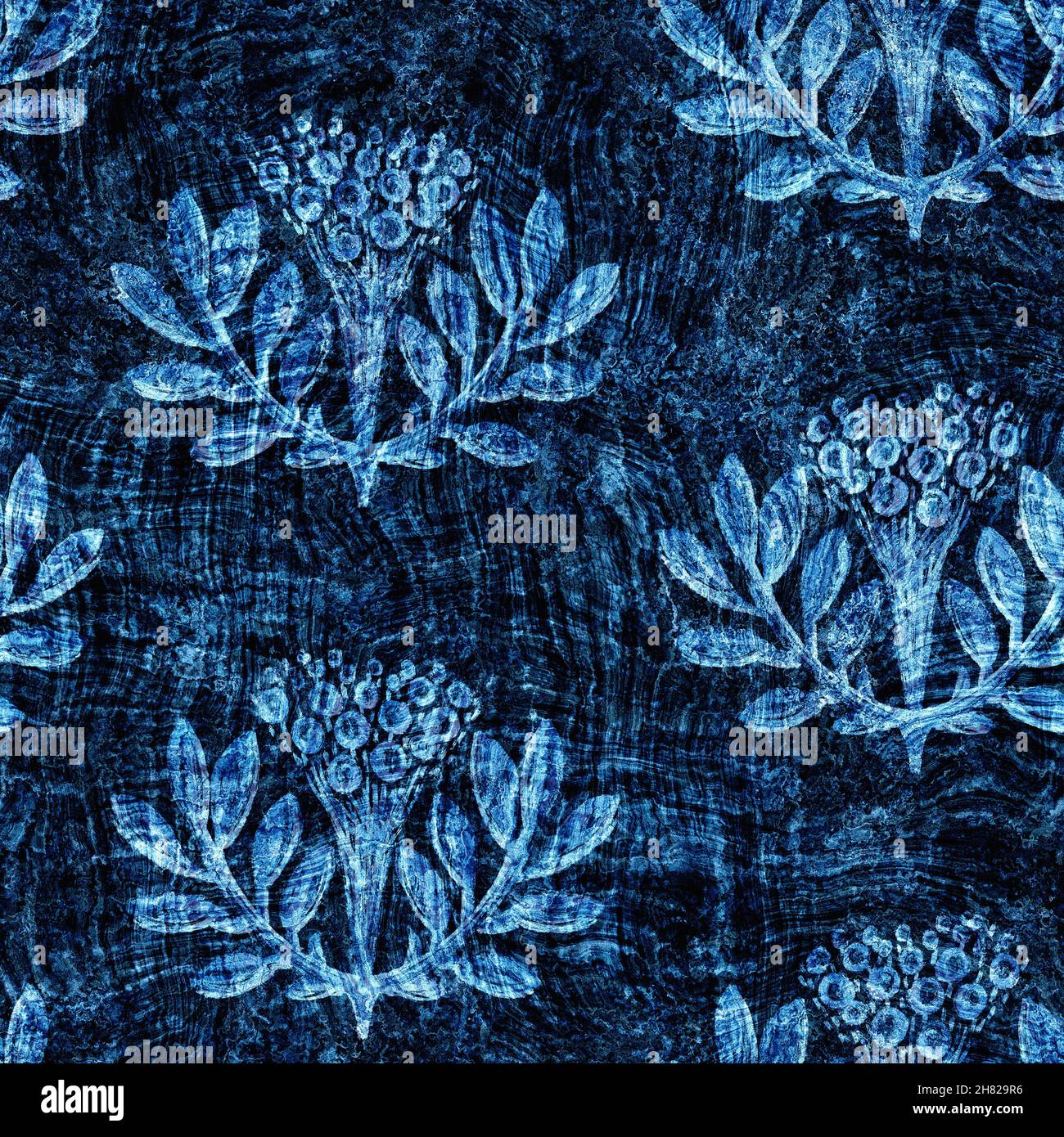 Seamless indigo block print texture on navy blue woven effect ...