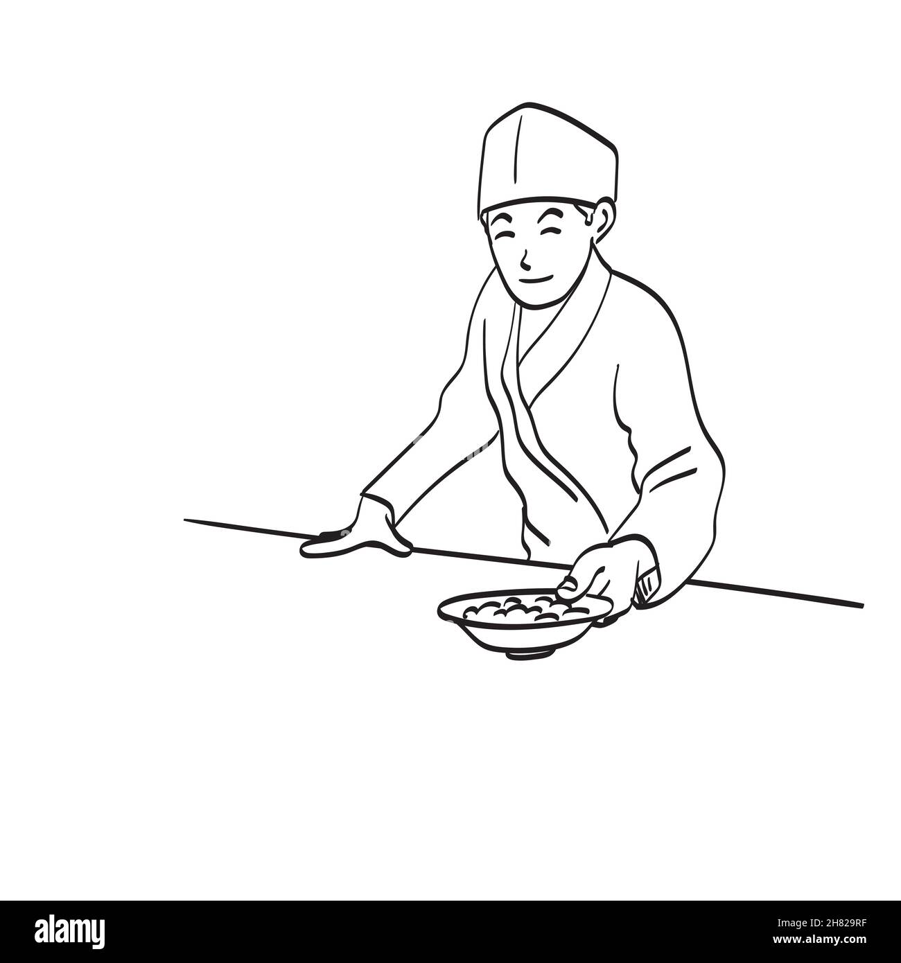 male Japanese chef serving a dish of food illustration vector isolated ...