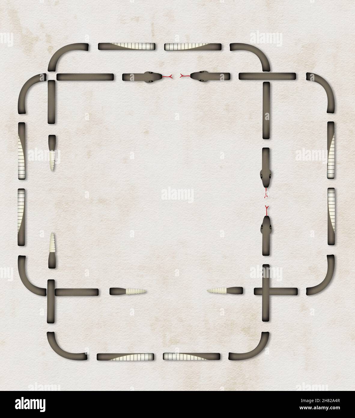 Snakes weaving up and down through holes in the paper create a border ...