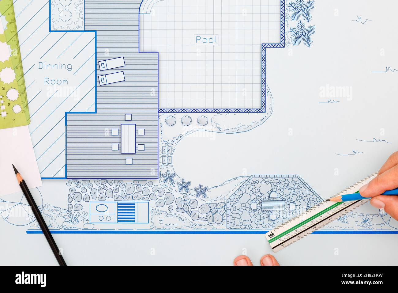 Blueprint backyard garden and pool design plan for villa Stock Photo ...