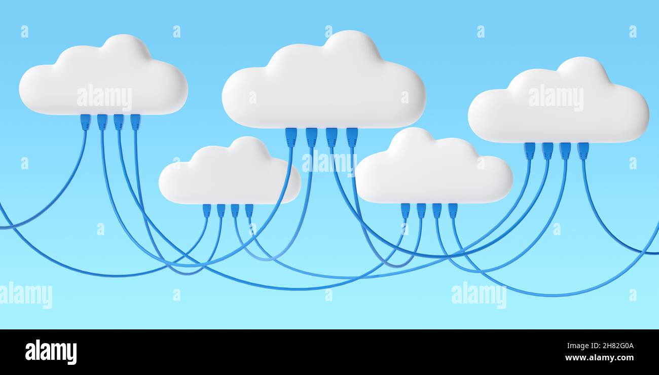 Cartoon clouds connected by cables. Internet concept. 3d illustration ...