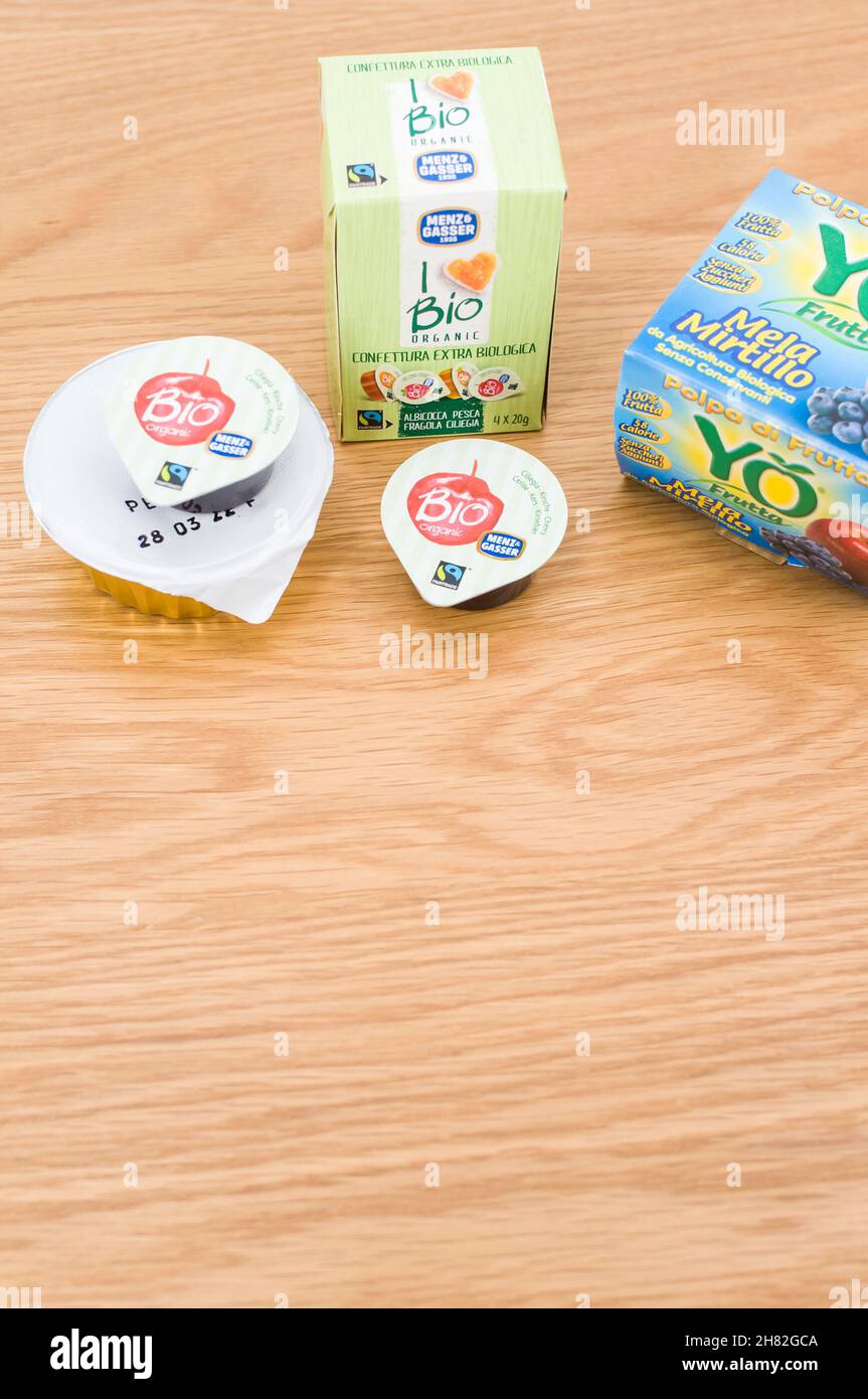 INVERIGO, ITALY - Nov 25, 2021: packaged bio organic fruit pulps and ...