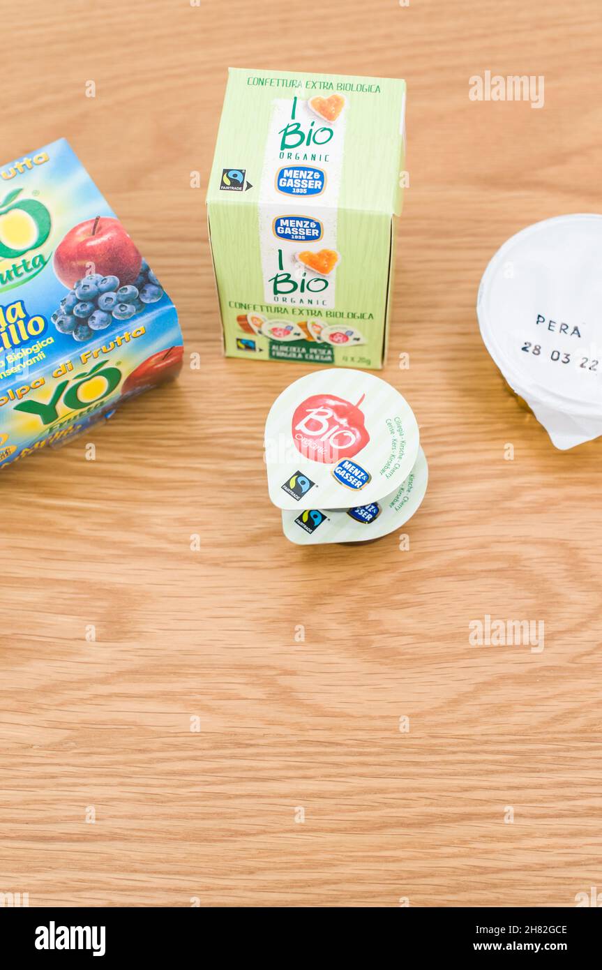 INVERIGO, ITALY - Nov 25, 2021: packaged bio organic fruit pulps and ...