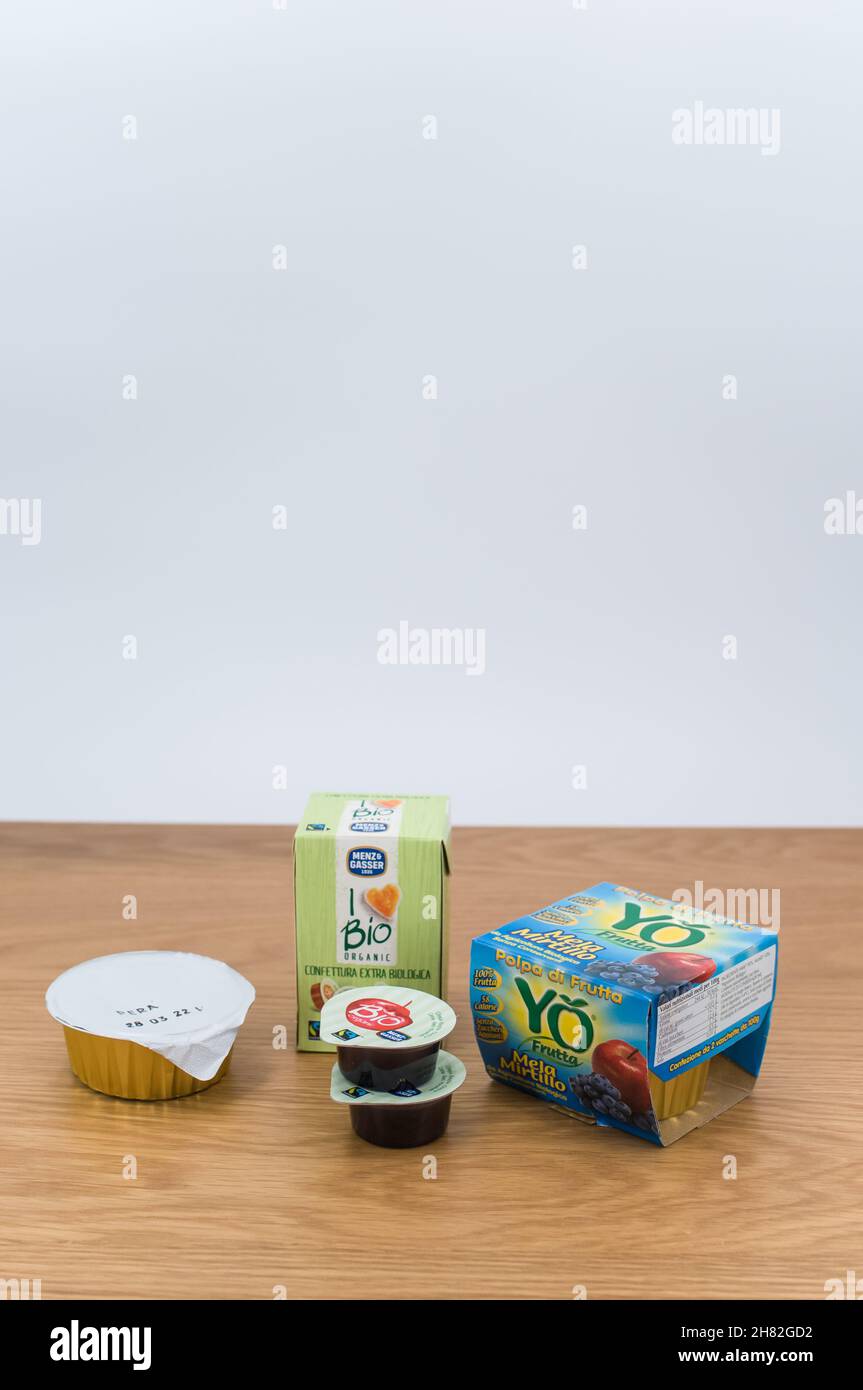 INVERIGO, ITALY - Nov 25, 2021: packaged bio organic fruit pulps and ...