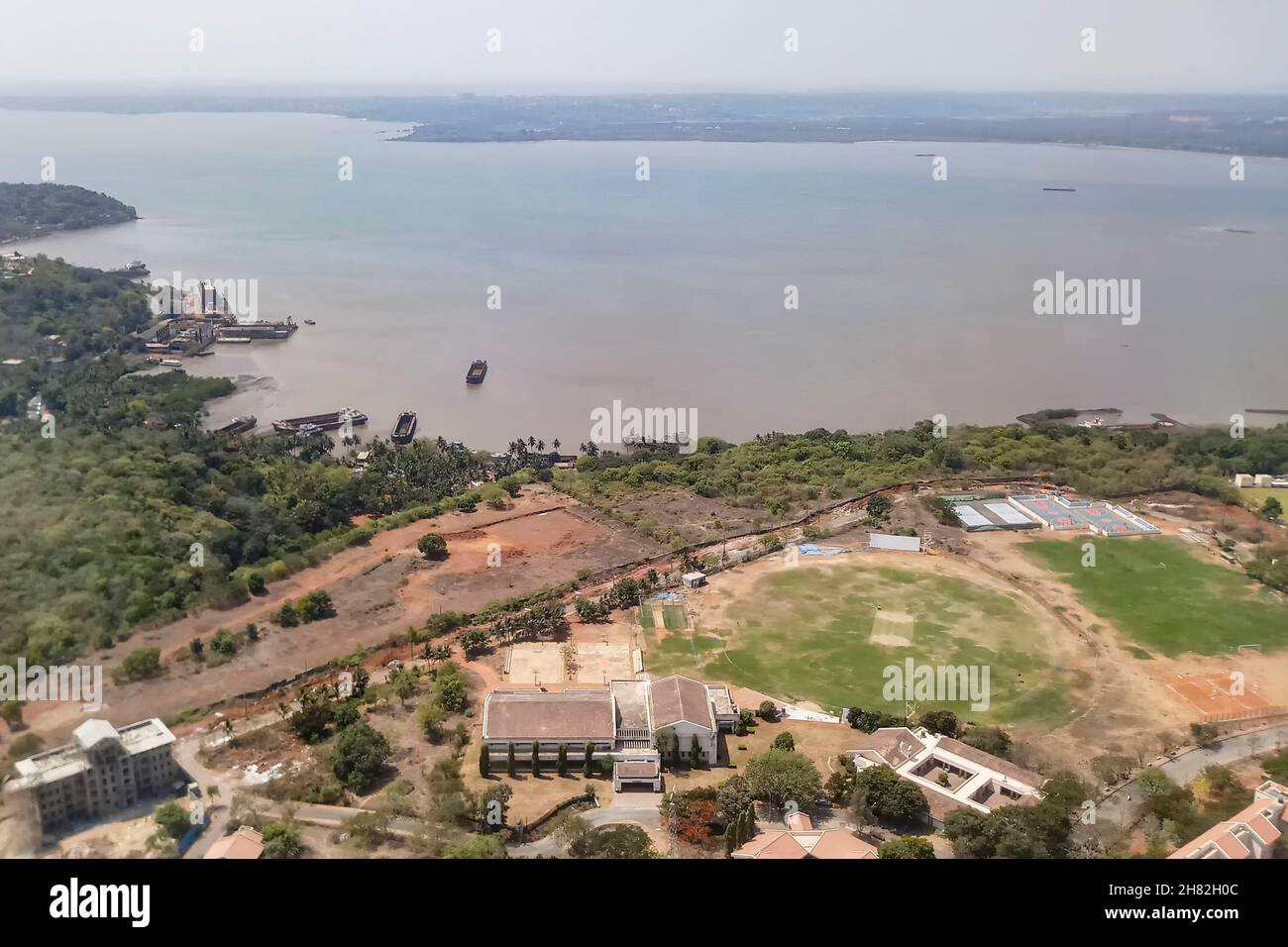Aerial river and riverbed landscape of India, with nice white clouds in ...