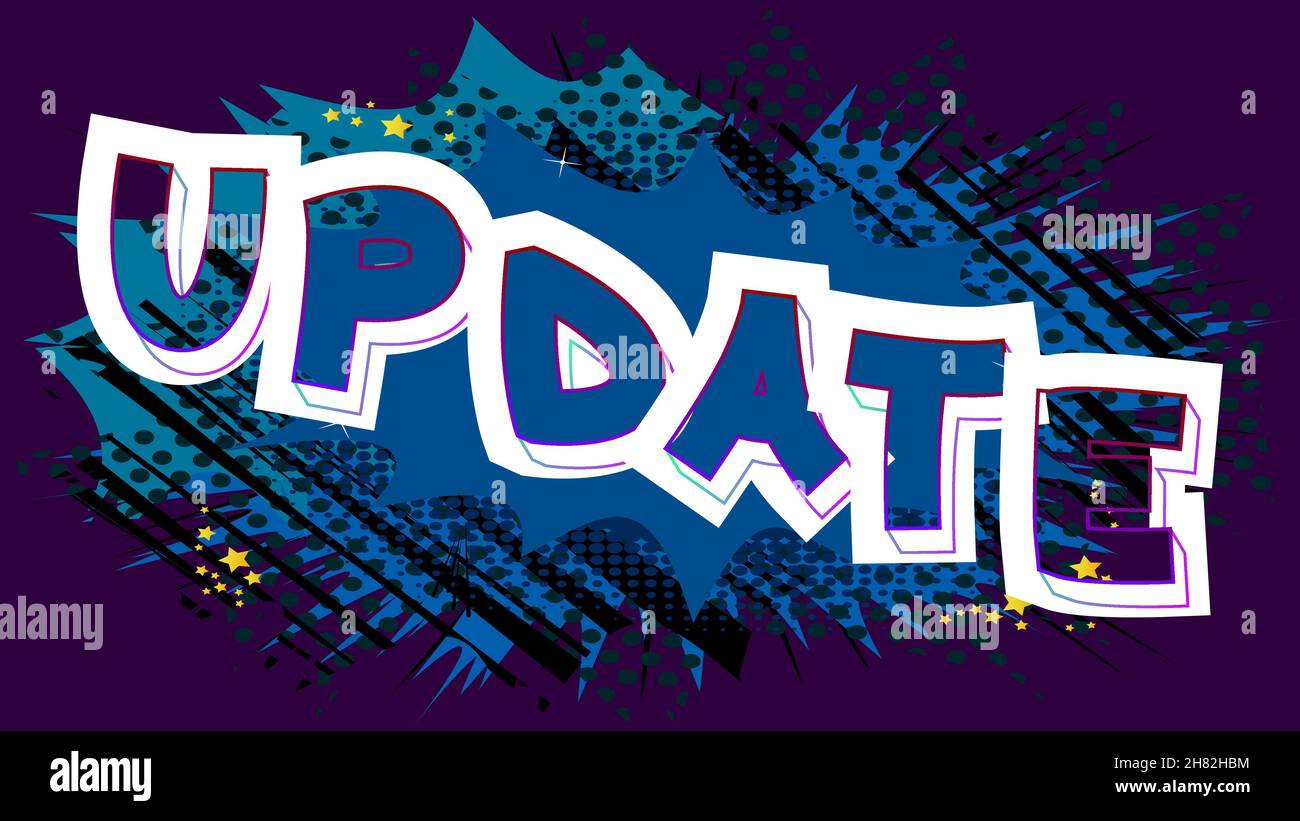 Update. Comic book word text on abstract comics background. Retro pop ...
