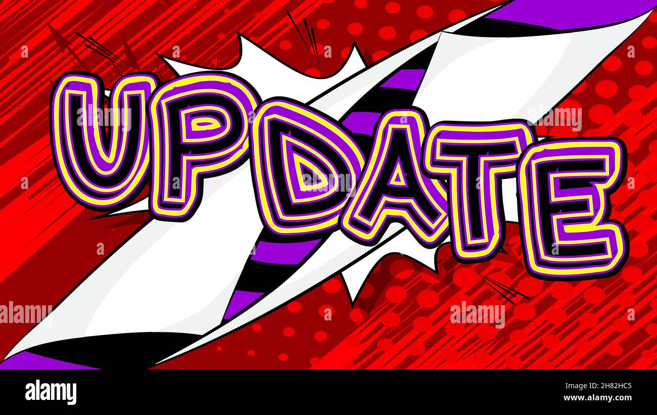 Update. Comic book word text on abstract comics background. Retro pop ...