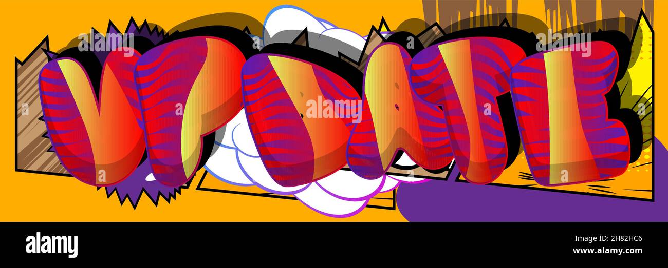 Update. Comic book word text on abstract comics background. Retro pop ...