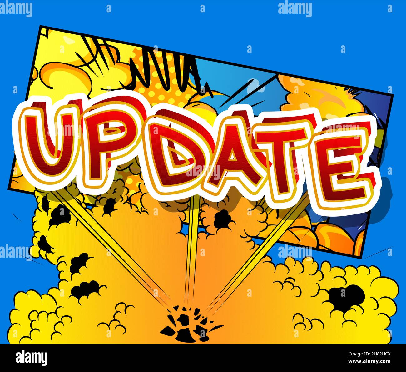 Update. Comic book word text on abstract comics background. Retro pop ...