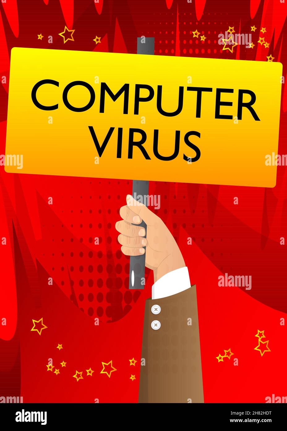Hand holding up a banner with Computer virus text. Man showing ...