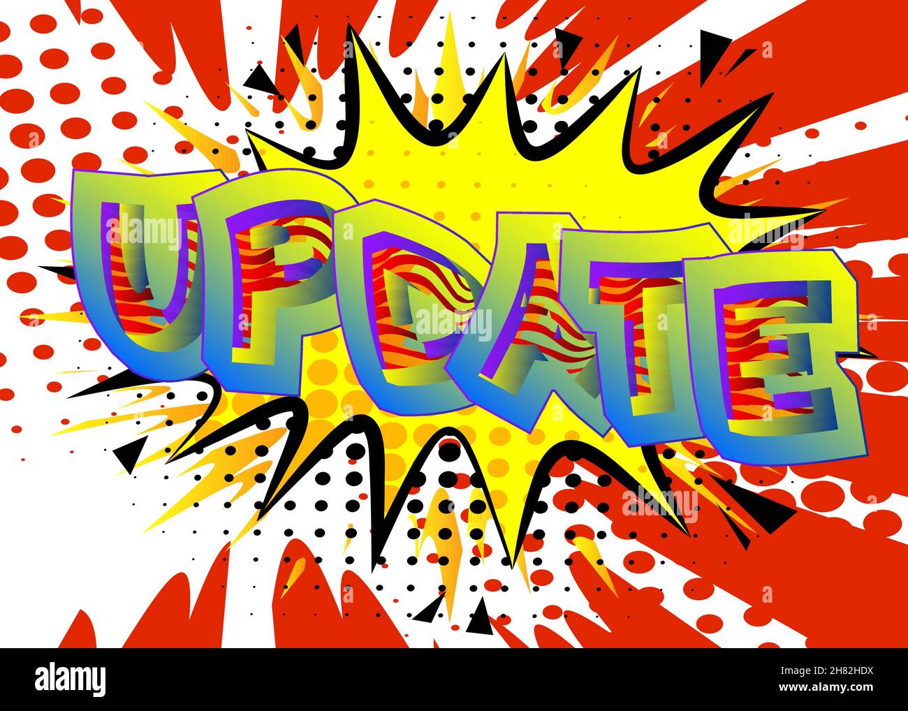 Update. Comic book word text on abstract comics background. Retro pop ...