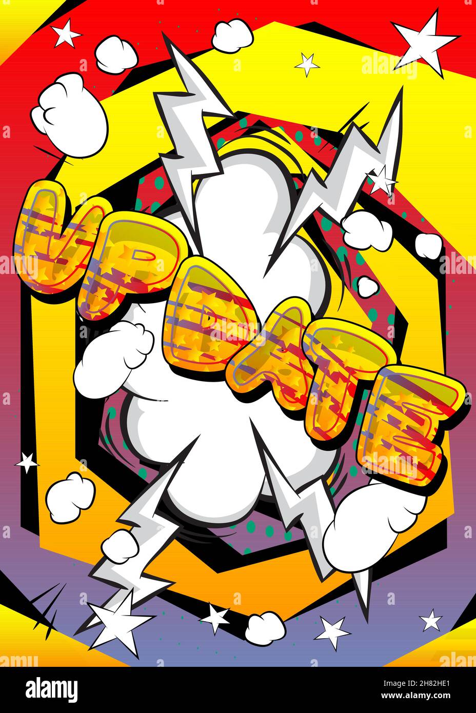 Update. Comic book word text on abstract comics background. Retro pop ...