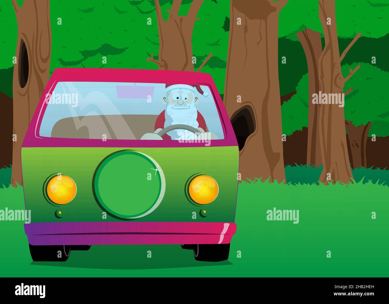 Santa Claus in his red clothes with white beard driving, holding a ...